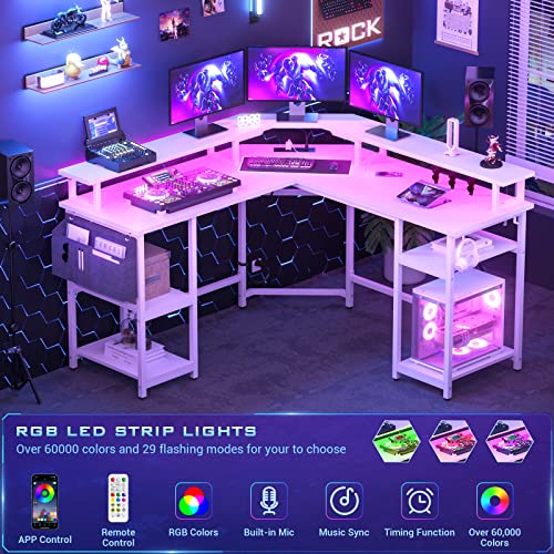 Aheaplus L Shaped Gaming Desk with Power Outlets & LED Lights, Computer Corner Desk with Monitor Stand and Storage Shelf, Home Office Writing Desk with Storage Bag, White