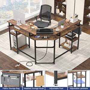 Aheaplus L Shaped Gaming Desk with Power Outlets & LED Lights, Corner Computer Desk with Monitor Stand and Storage Shelf, Home Office Writing Desk with Storage Bag, Rustic Brown