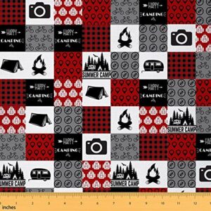 Camper Fabric by The Yard Happy Camping Waterproof Outdoor Fabric Vintage Wood Grain Fire Print Upholstery Fabric for Chairs Retro RV Camping Plaid Grid Red Black White Upholstery Fabric,1 Yard