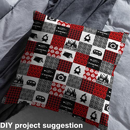 Camper Fabric by The Yard Happy Camping Waterproof Outdoor Fabric Vintage Wood Grain Fire Print Upholstery Fabric for Chairs Retro RV Camping Plaid Grid Red Black White Upholstery Fabric,1 Yard