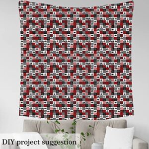 Camper Fabric by The Yard Happy Camping Waterproof Outdoor Fabric Vintage Wood Grain Fire Print Upholstery Fabric for Chairs Retro RV Camping Plaid Grid Red Black White Upholstery Fabric,1 Yard