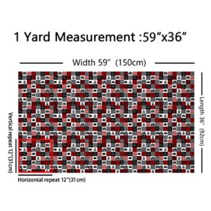 Camper Fabric by The Yard Happy Camping Waterproof Outdoor Fabric Vintage Wood Grain Fire Print Upholstery Fabric for Chairs Retro RV Camping Plaid Grid Red Black White Upholstery Fabric,1 Yard