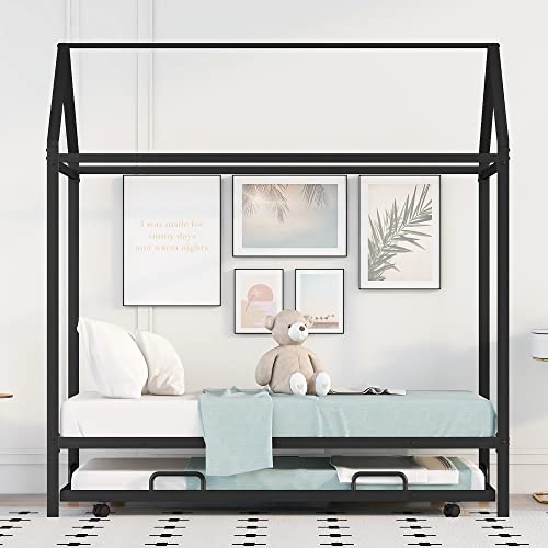 Merax Twin Kids Day Bed House Shaped Low Beds, Wood Platform Bed Frame for Girls, Boys, No Box Spring Needed, Easy Assemble (Twin,Black