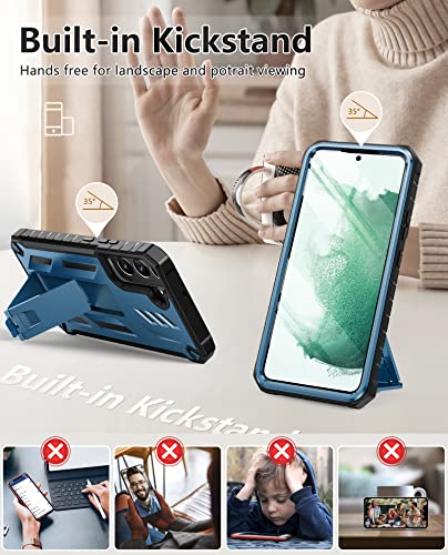 FNTCASE for Samsung Galaxy S22 Plus Case: Shockproof Durable S22+ Cell Phone Cover with Built-in Kickstand | TPU Bumper Textured | Full-Body Protective Rugged Belt-Clip Holster Designed Blue