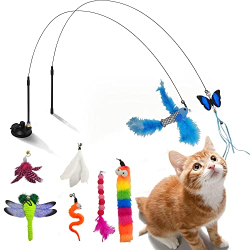 Mrocioa 11pcs Cat Toys Feather Teaser, Interactive Suction Cup Cat Toy Wand with Replaceable Kitten Toys for Indoor Cats to Play Chase Exercise