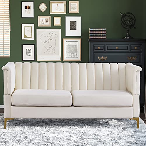 WIN FORCE 70" Beige White Velvet Loveseat Sofa Couch for Living Room, Cream Mid Century Modern loveseats for Small Space, 3 Seater Upholstered Small Sofa Love Seats Furniture for Bedroom, Apartment