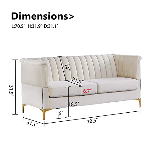 WIN FORCE 70" Beige White Velvet Loveseat Sofa Couch for Living Room, Cream Mid Century Modern loveseats for Small Space, 3 Seater Upholstered Small Sofa Love Seats Furniture for Bedroom, Apartment