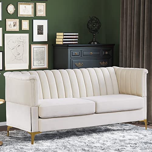 WIN FORCE 70" Beige White Velvet Loveseat Sofa Couch for Living Room, Cream Mid Century Modern loveseats for Small Space, 3 Seater Upholstered Small Sofa Love Seats Furniture for Bedroom, Apartment