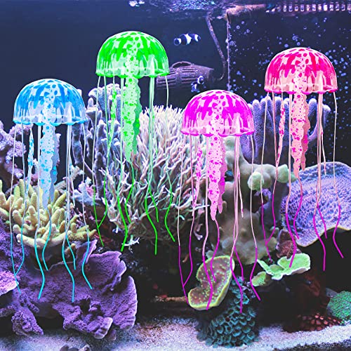 TIESOME Fish Tank Decorations, 4 Pieces Luminous Aquarium Decorations Fake Glowing Jellyfish Artificial Jellyfish Aquarium Fluorescent Silicone Aquarium Decor