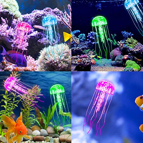 TIESOME Fish Tank Decorations, 4 Pieces Luminous Aquarium Decorations Fake Glowing Jellyfish Artificial Jellyfish Aquarium Fluorescent Silicone Aquarium Decor