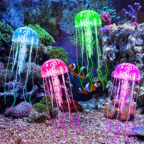 TIESOME Fish Tank Decorations, 4 Pieces Luminous Aquarium Decorations Fake Glowing Jellyfish Artificial Jellyfish Aquarium Fluorescent Silicone Aquarium Decor