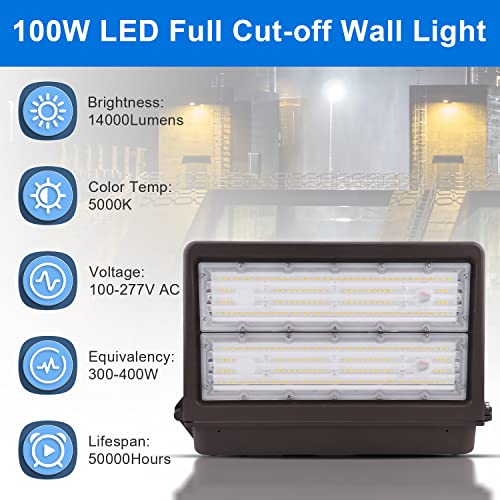 LED Full Cut Off Wall Pack Light 100W with Dusk to Dawn Photocell,14000LM Outdoor Wall Light (450W Equiv.) 5000K Commercial Wall Pack Light, IP65 Waterproof UL & DLC Listed (watts, 100)