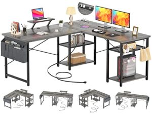 aheaplus l shaped desk with outlet and usb charging ports, l-shaped desk with storage shelves reversible corner computer desk 2 person long table with monitor stand gaming home office desk, oak