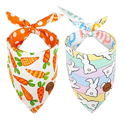 Crowned Beauty Easter Dog Bandanas Large 2 Pack, Bunnies Hip Hop Set, Carrots Polka Dots Adjustable Triangle Holiday Reversible Scarves for Medium Large Extra Large Dogs Pets