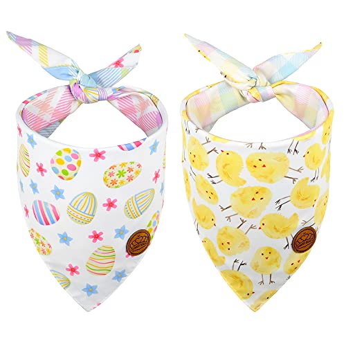 Crowned Beauty Easter Dog Bandanas Large 2 Pack, Eggs Chicks Set,Stars Plaid Adjustable Triangle Holiday Reversible Scarves for Medium Large Extra Large Dogs Pets