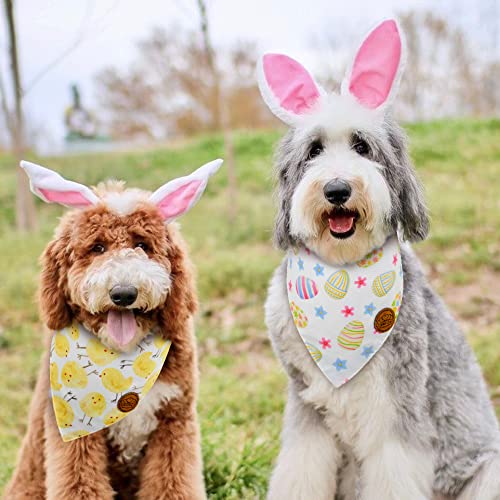 Crowned Beauty Easter Dog Bandanas Large 2 Pack, Eggs Chicks Set,Stars Plaid Adjustable Triangle Holiday Reversible Scarves for Medium Large Extra Large Dogs Pets