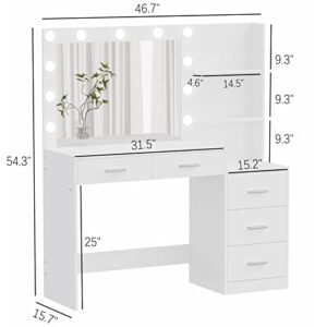 Rovaurx 46.7" Makeup Vanity Table with Lighted Mirror, Large Vanity Desk with Storage Shelf & 5 Drawers, Bedroom Dressing Table, 11 LED Lights, White RSZT106W