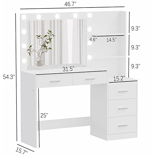 Rovaurx 46.7" Makeup Vanity Table with Lighted Mirror, Large Vanity Desk with Storage Shelf & 5 Drawers, Bedroom Dressing Table, 11 LED Lights, White RSZT106W