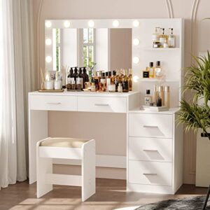 Rovaurx 46.7" Makeup Vanity Table with Lighted Mirror, Large Vanity Desk with Storage Shelf & 5 Drawers, Bedroom Dressing Table, 11 LED Lights, White RSZT106W