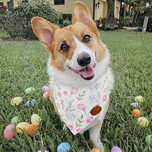 Crowned Beauty Easter Dog Bandanas Large 2 Pack, Bunnies Tulips Set, Plaid Adjustable Triangle Holiday Reversible Scarves for Medium Large Extra Large Dogs Pets