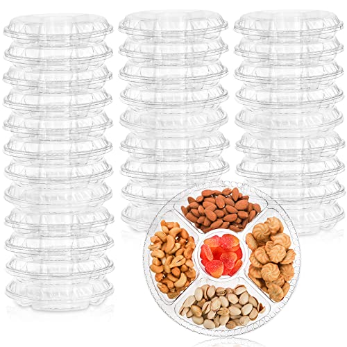 Lyellfe 30 Pack Plastic Appetizer Tray with Lid, Disposable Veggie Fruit Snack Tray with 5 Compartment, 9.5 Inch Heavy Duty Clear Round Food Container Platter for Salad, Nut, Olive, Party