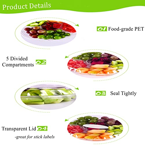 Lyellfe 30 Pack Plastic Appetizer Tray with Lid, Disposable Veggie Fruit Snack Tray with 5 Compartment, 9.5 Inch Heavy Duty Clear Round Food Container Platter for Salad, Nut, Olive, Party