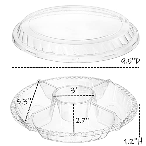 Lyellfe 30 Pack Plastic Appetizer Tray with Lid, Disposable Veggie Fruit Snack Tray with 5 Compartment, 9.5 Inch Heavy Duty Clear Round Food Container Platter for Salad, Nut, Olive, Party