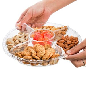 Lyellfe 30 Pack Plastic Appetizer Tray with Lid, Disposable Veggie Fruit Snack Tray with 5 Compartment, 9.5 Inch Heavy Duty Clear Round Food Container Platter for Salad, Nut, Olive, Party