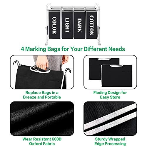 Laundry Sorter Replacement Bags 4 Section Laundry Hamper Cart Removable Replacement Bags Laundry Storage Organizer Bag Laundry Hamper Liner, 4 Pockets- No Hooks 14.76 x 8.66 x 21.65” (Black, 4 Pcs)