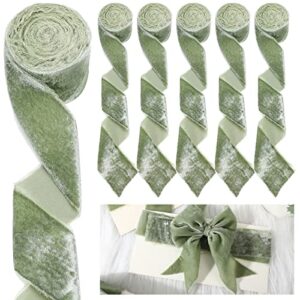 6 Roll Sage Green Velvet Ribbon, 2 Inch x 18 Yd Frayed Silk Velvet Ribbon Fringe Ribbon Gift Wrapping Satin Ribbon for Wedding Invitations Baby Shower Party Favor Handmade Gift Decor