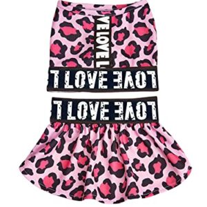 QWINEE 2pcs Leopard Letter Dog Tank Top and Dress Set Puppy Vest Shirt Skirt for Small Medium Dog Cat Kitten Leopard Pink XS