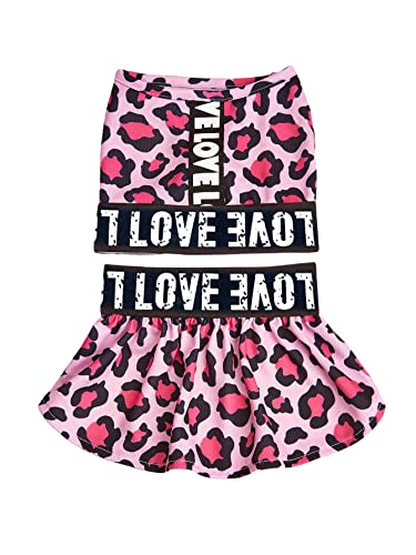 QWINEE 2pcs Leopard Letter Dog Tank Top and Dress Set Puppy Vest Shirt Skirt for Small Medium Dog Cat Kitten Leopard Pink XS