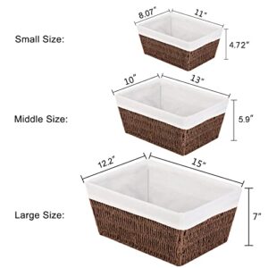 Wicker Storage Basket, Vagusicc 3-Pack Hand-Woven Wicker Baskets for Storage with Handles, 15 Inches Large Brown Storage Bins for Shelves Organizing Pantry Baskets with Liners, Brown