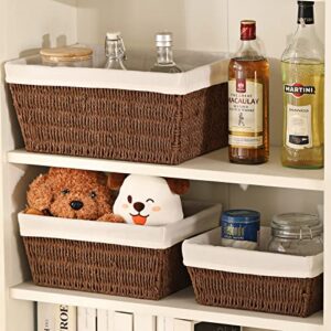 Wicker Storage Basket, Vagusicc 3-Pack Hand-Woven Wicker Baskets for Storage with Handles, 15 Inches Large Brown Storage Bins for Shelves Organizing Pantry Baskets with Liners, Brown