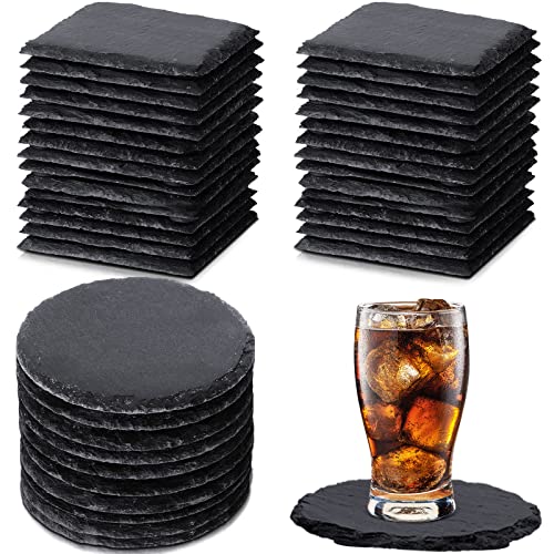 36 Pieces Square Round Slate Coasters Bulk, 4 Inch Drink Coasters Black Coasters Stone Coasters Bar Coasters Cup Coaster for Drinks Table Bar Kitchen Home