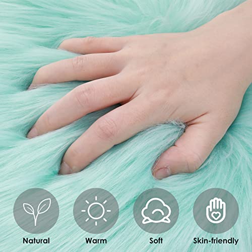 WLLHYF 20 Inch Faux Sheepskin Fur Fuzzy Rug, Ultra Soft Rectangle White Furry Rugs Luxury Fuzzy Sheepskin Area Rugs for Bedroom Living Room Sofa Shaggy Silky Plush Carpet Bedside Rug Floor Mat (Blue)