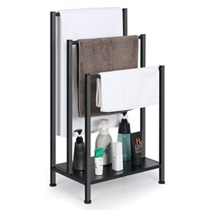 free standing towel rack, 3 tier metal towel racks stand with modern black wooden storage shelf, multipurpose hand towel drying holder stand for bath & blanket, washcloths, tub or shower organizer