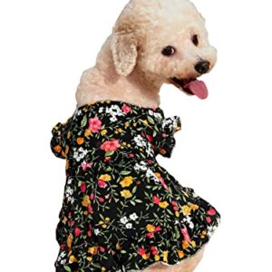 QWINEE Flower Print Dog Dress Ruffle Sleeve Puppy Princess Dress Casual Lightweight Party Vacation Dresses for Small Medium Cats Dogs Black M