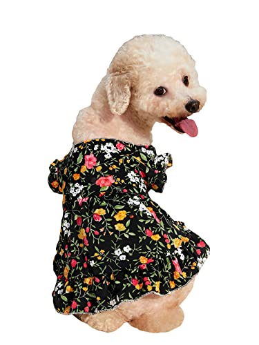 QWINEE Flower Print Dog Dress Ruffle Sleeve Puppy Princess Dress Casual Lightweight Party Vacation Dresses for Small Medium Cats Dogs Black M