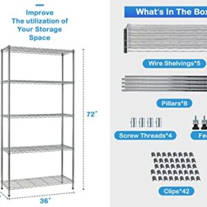 BIQWBIC 5 Tier Wire Shelving Unit Storage Rack, Metal Adjustable Storage Shelves for Bathroom Laundry Room, Wire Standing Storage Shelf Units, 36" Lx14 Wx72 H, 1250 Lbs Capacity, Chrome