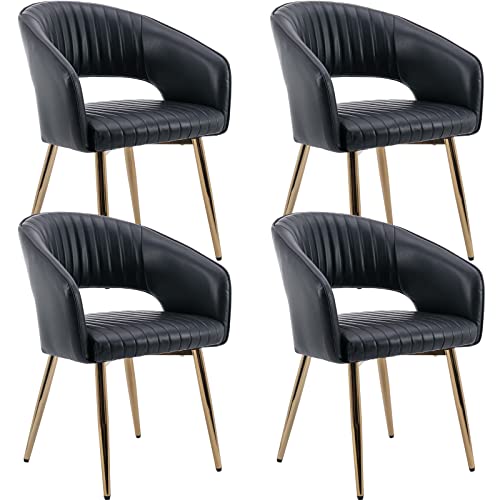 ZSARTS Black Leather Dining Chairs Set of 4, Modern Upholstered Gold Accent Chairs with Hollow Back Tufted Kitchen Chairs Side Chairs for Dining Room Living Room Reception Room