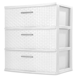 3 drawer wide weave tower plastic, white - design storage tower with pull handles, organizer unit for bedroom, closet, entryway, hallway, nursery room, storage bins