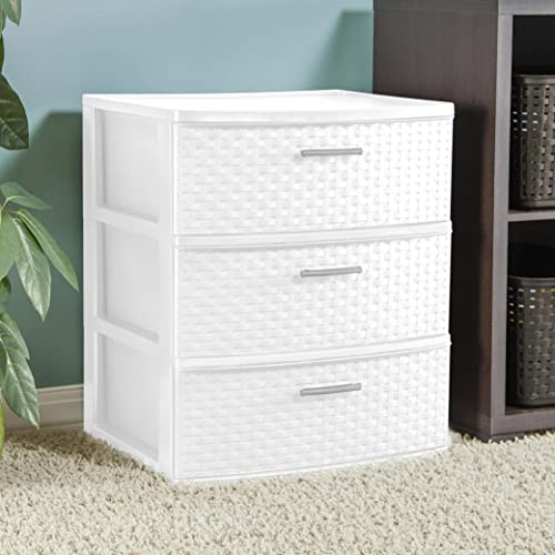 3 Drawer Wide Weave Tower Plastic, White - Design Storage Tower with pull handles, Organizer Unit for Bedroom, Closet, Entryway, Hallway, Nursery Room, Storage bins