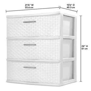 3 Drawer Wide Weave Tower Plastic, White - Design Storage Tower with pull handles, Organizer Unit for Bedroom, Closet, Entryway, Hallway, Nursery Room, Storage bins