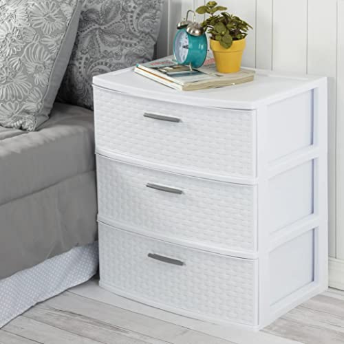 3 Drawer Wide Weave Tower Plastic, White - Design Storage Tower with pull handles, Organizer Unit for Bedroom, Closet, Entryway, Hallway, Nursery Room, Storage bins