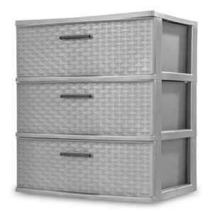 3 drawer wide weave tower plastic, cement - design storage tower with pull handles, organizer unit for bedroom, closet, entryway, hallway, nursery room, storage bins