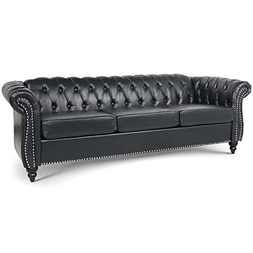 Wlvos 84" Leather Chesterfield Sofas for Living Room, Rolled Arm 3-Seater Large Couch Deep Button Nailhead Tufted Upholstered Couches for Bedroom, Office Apartment Easy to Assemble (Black)