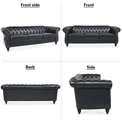 Wlvos 84" Leather Chesterfield Sofas for Living Room, Rolled Arm 3-Seater Large Couch Deep Button Nailhead Tufted Upholstered Couches for Bedroom, Office Apartment Easy to Assemble (Black)