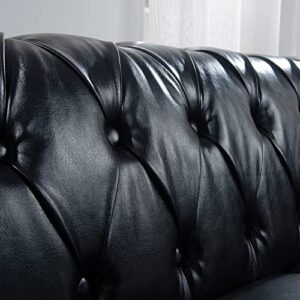 Wlvos 84" Leather Chesterfield Sofas for Living Room, Rolled Arm 3-Seater Large Couch Deep Button Nailhead Tufted Upholstered Couches for Bedroom, Office Apartment Easy to Assemble (Black)