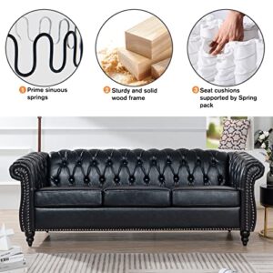 Wlvos 84" Leather Chesterfield Sofas for Living Room, Rolled Arm 3-Seater Large Couch Deep Button Nailhead Tufted Upholstered Couches for Bedroom, Office Apartment Easy to Assemble (Black)